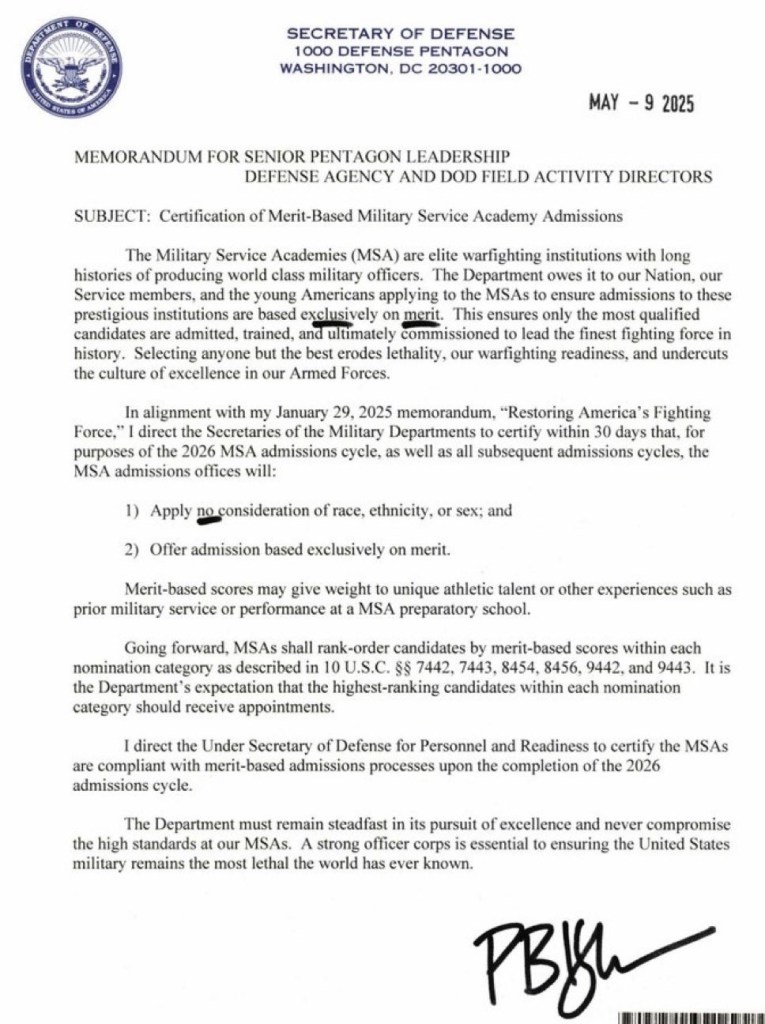 SECDEF's Memo On Merit-Based Admissions - usmaData